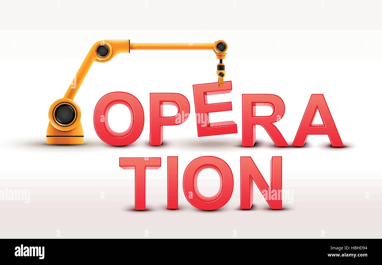 industrial robotic arm building OPERATION word on white background ...