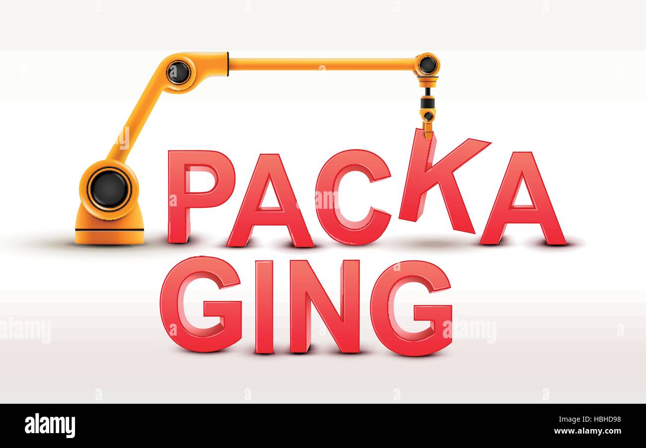 industrial robotic arm building PACKAGING word on white background ...