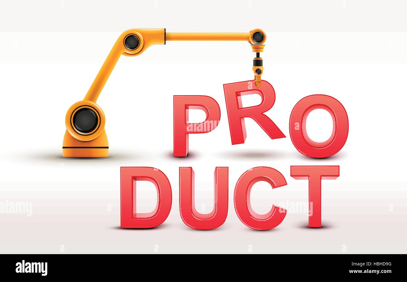 industrial robotic arm building PRODUCT word on white background Stock ...