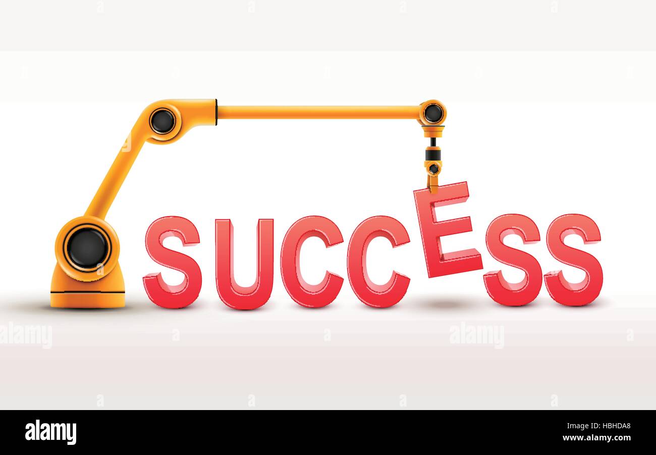 industrial robotic arm building SUCCESS word on white background Stock ...
