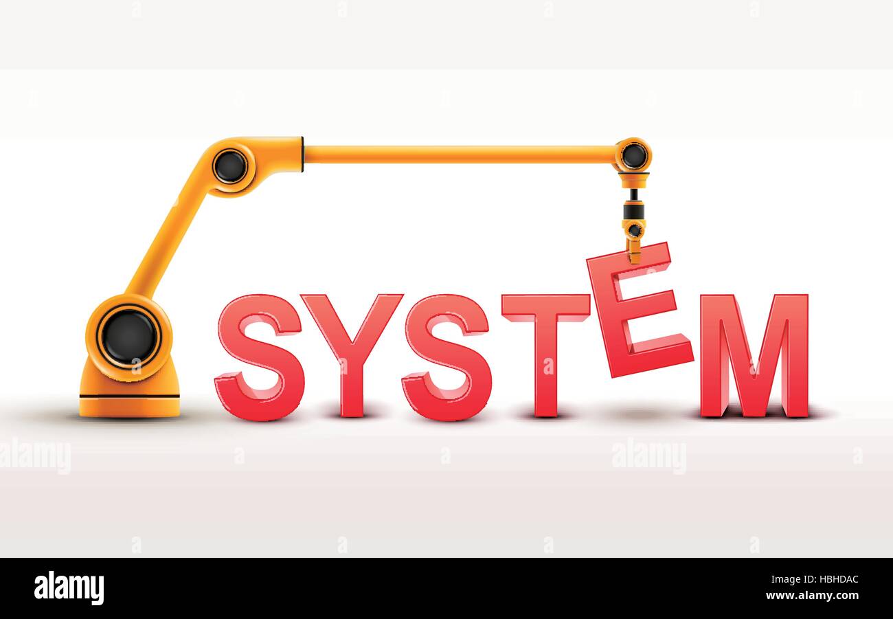 industrial robotic arm building SYSTEM word on white background Stock ...