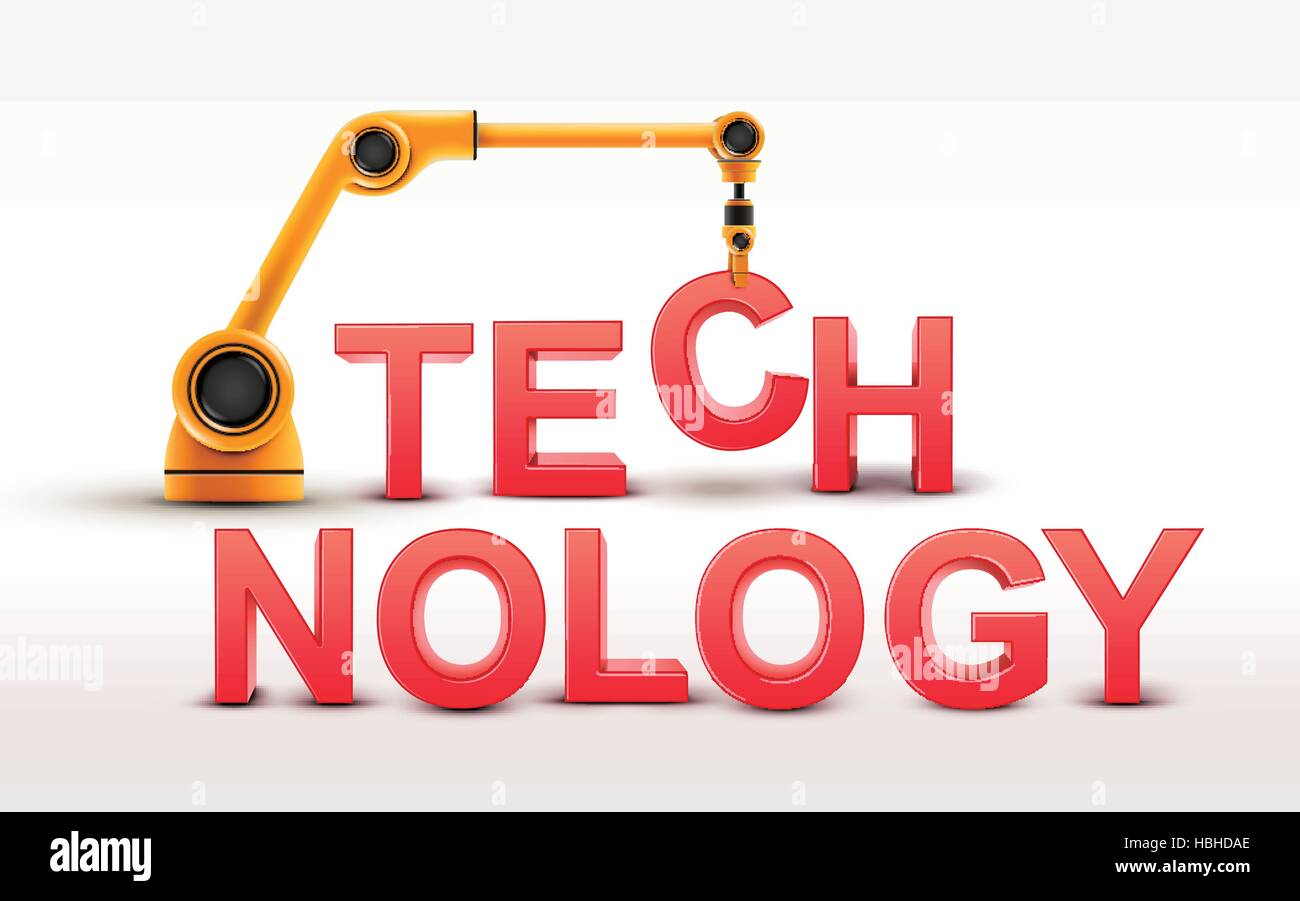 industrial robotic arm building TECHNOLOGY word on white background ...