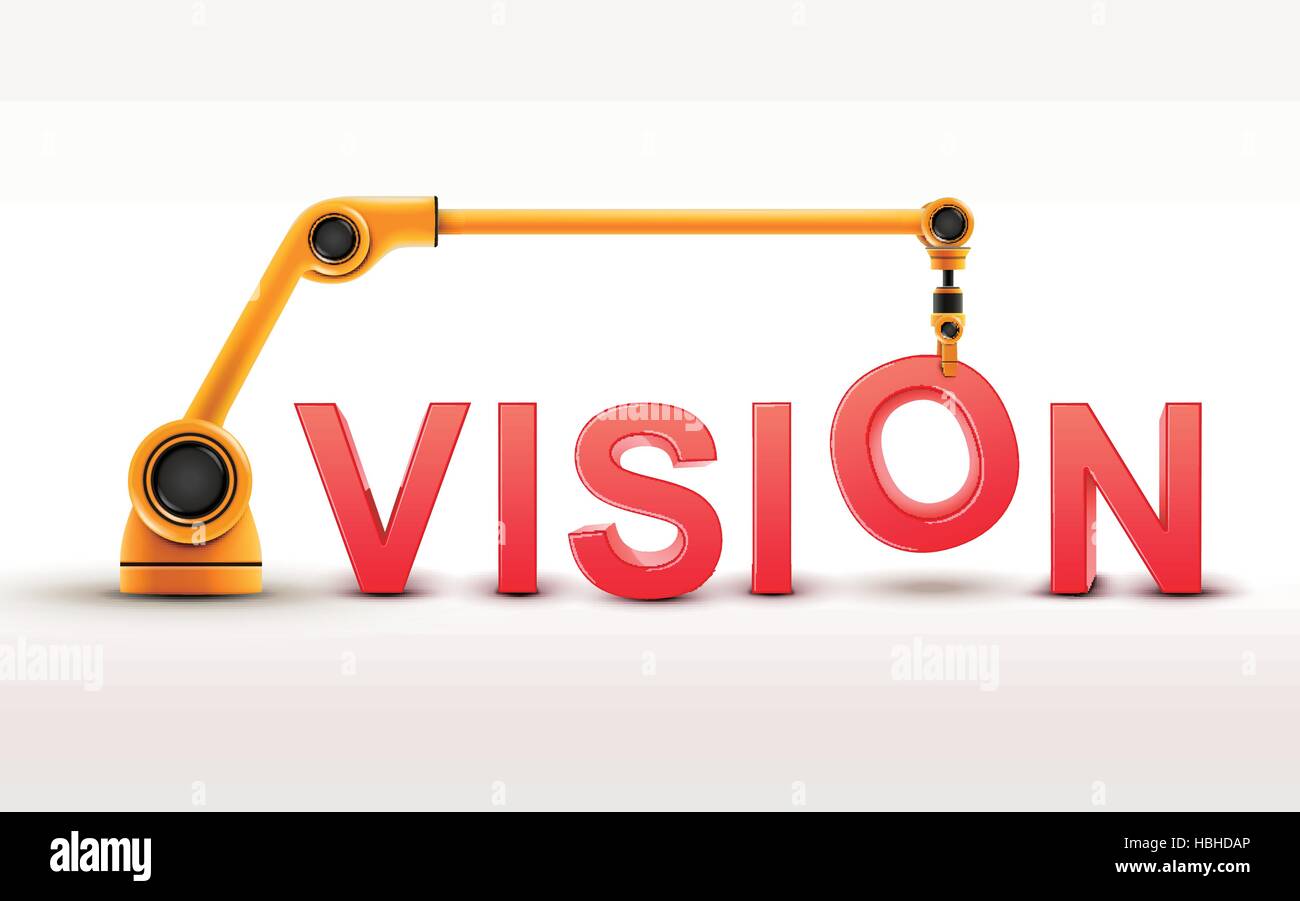 industrial robotic arm building VISION word on white background Stock ...