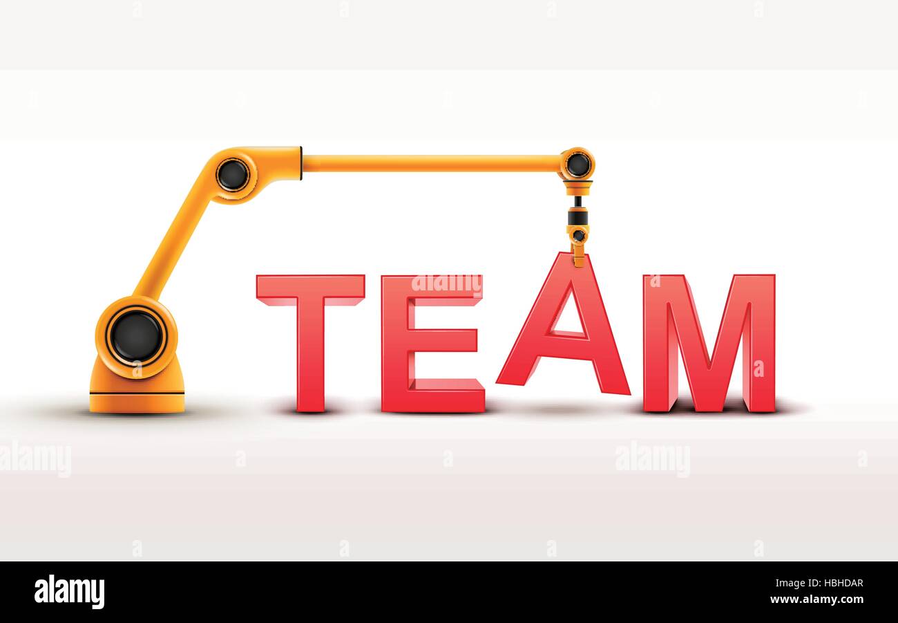 industrial robotic arm building TEAM word on white background Stock ...