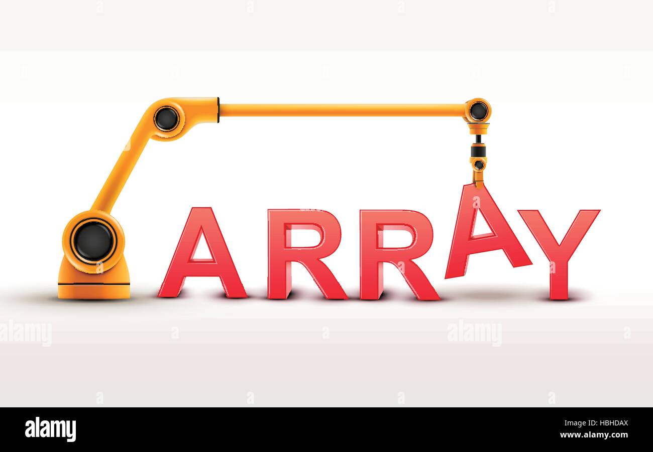 industrial robotic arm building ARRAY word on white background Stock ...