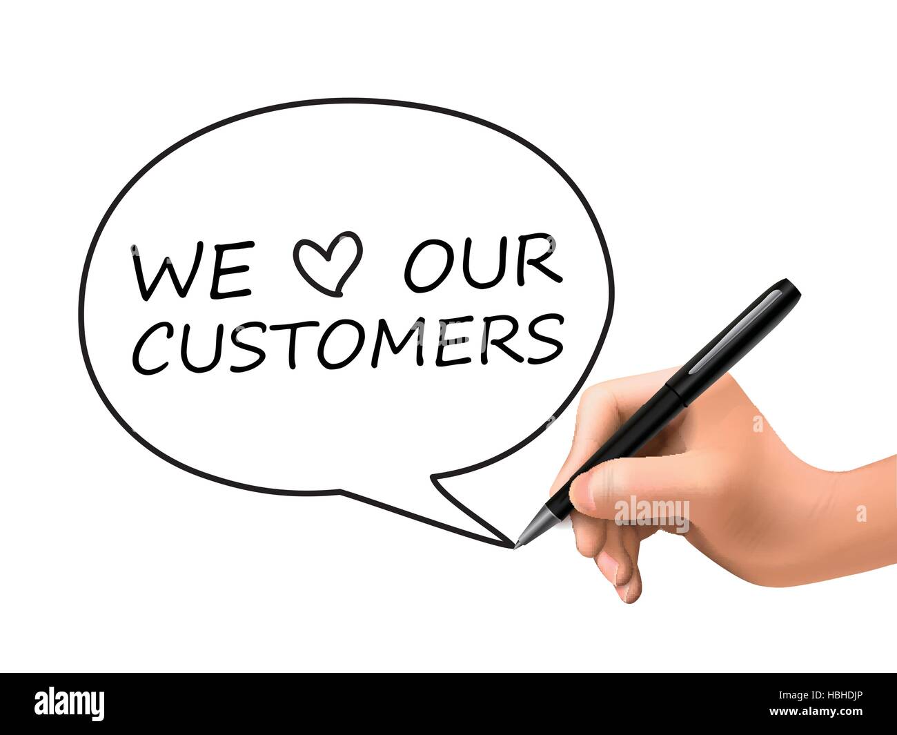 we love our customers words in speech bubble written by 3d hand Stock ...