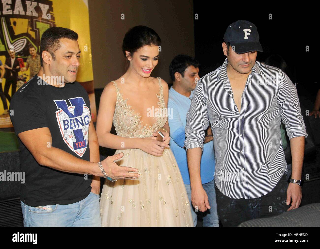 Bollywood actors Salman Khan, Amy Jackson and Arbaaz Khan during the ...