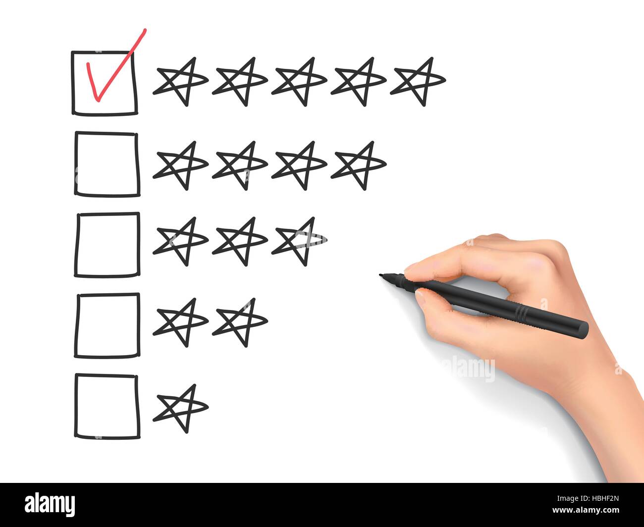hand putting check mark with pen on five star rating Stock Vector Image ...