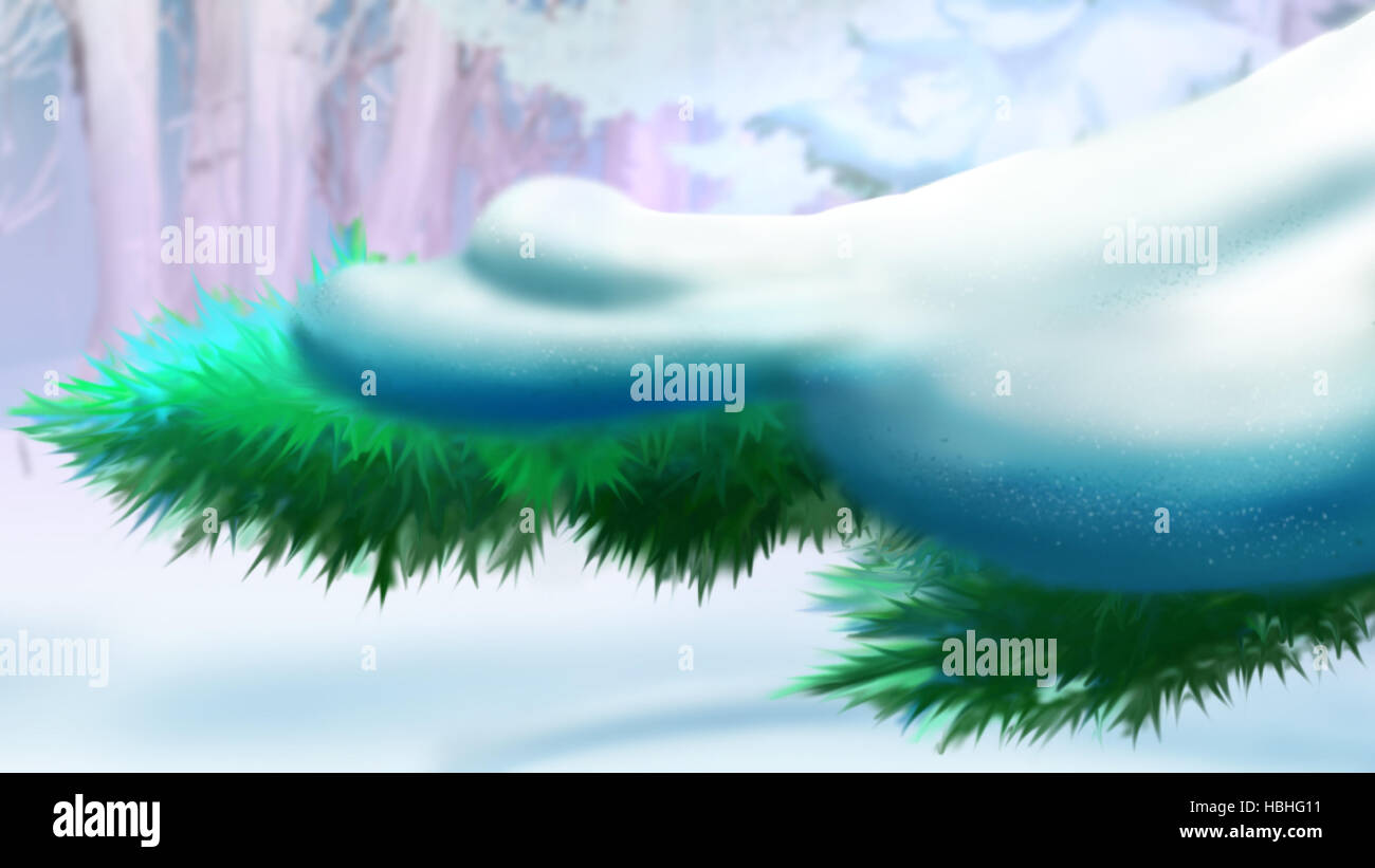 Fir or Pine Branch Covered with Snow. Handmade illustration in a ...