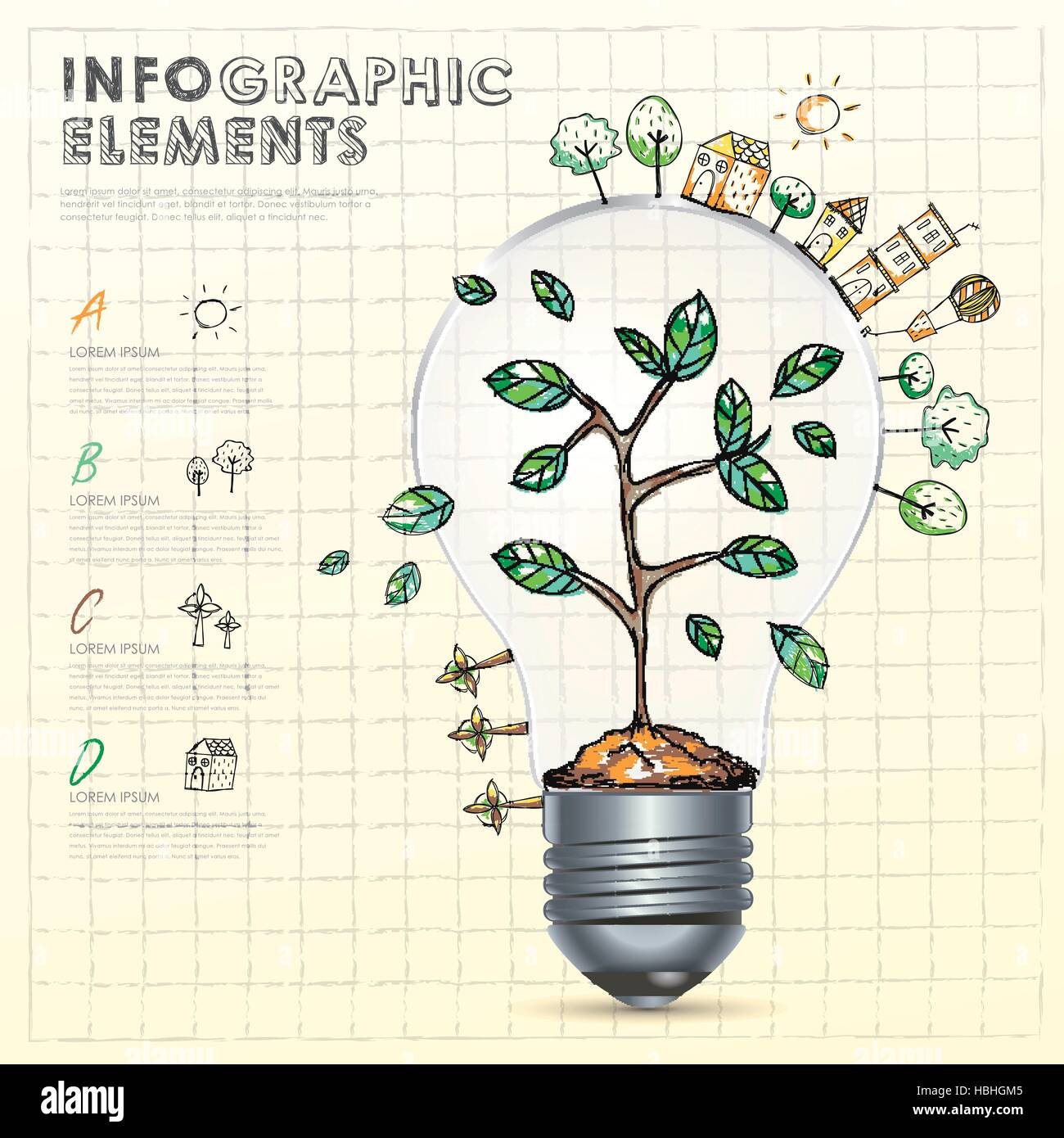 vector creative light bulb with abstract doodle environmental ...