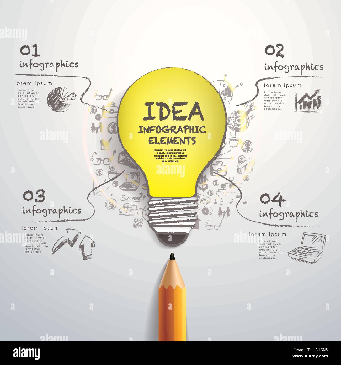 creative template with pencil and hand-draw paper-cut bulb, can be used ...
