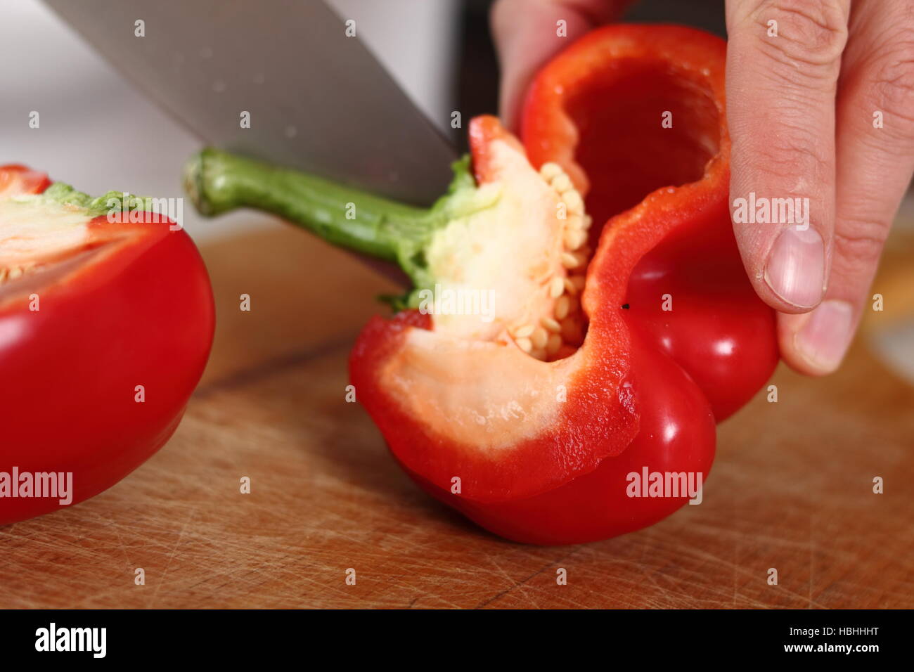 Removing core of red bell pepper. Making Chicken and Egg Galette Series ...