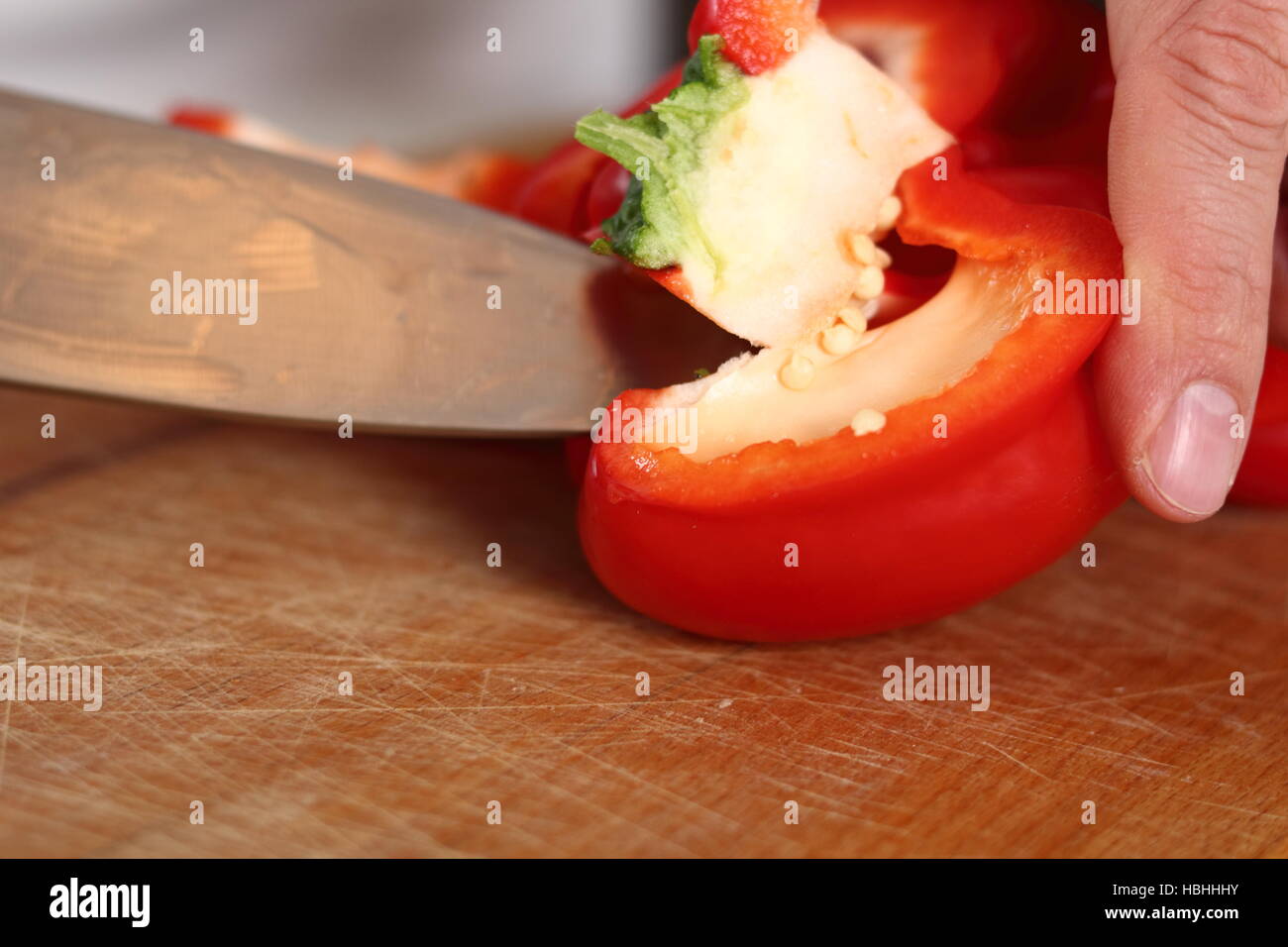 Removing core of red bell pepper. Making Chicken and Egg Galette Series ...
