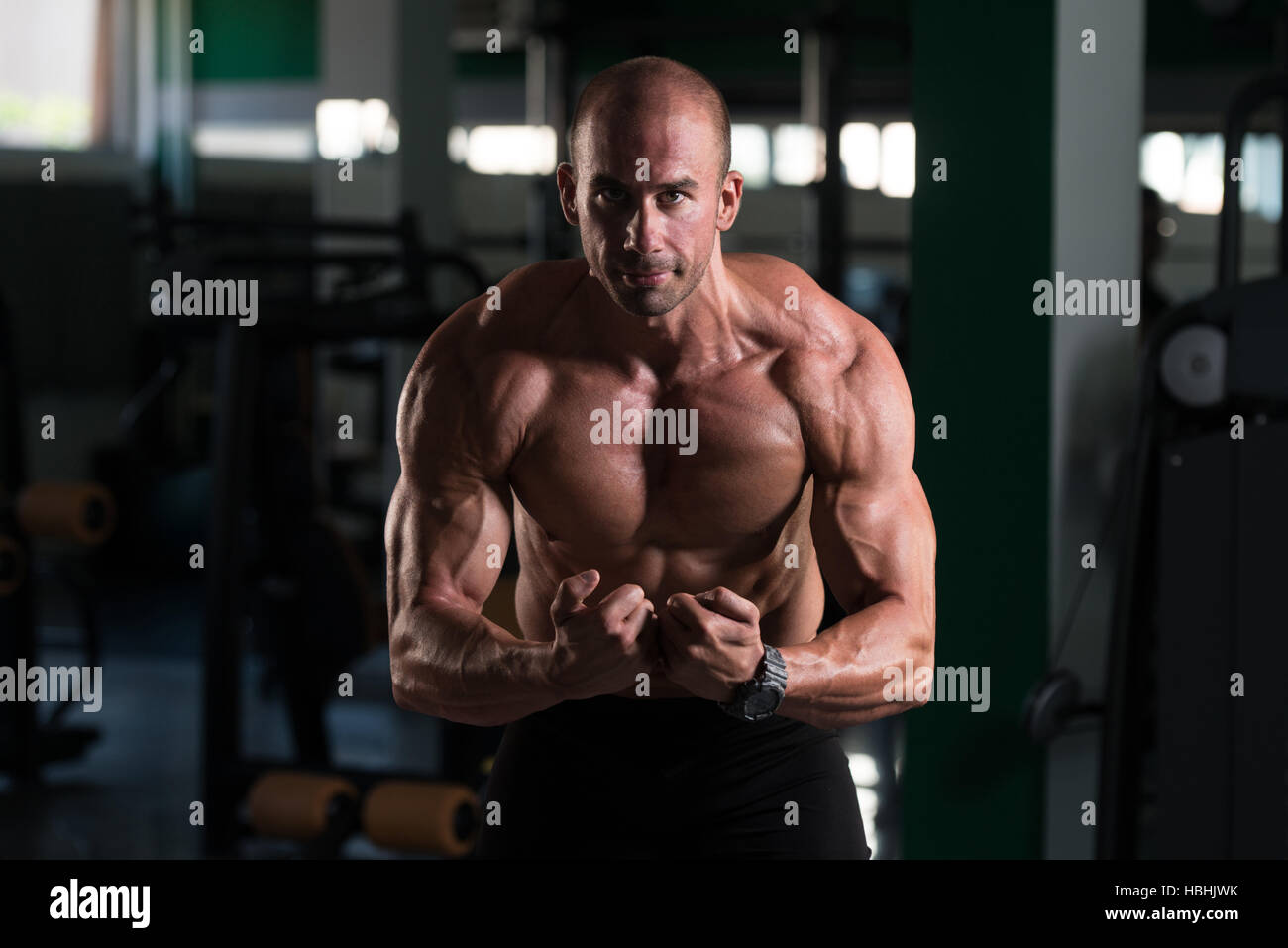 Bald Man Standing Strong In The Gym And Flexing Muscles - Muscular ...