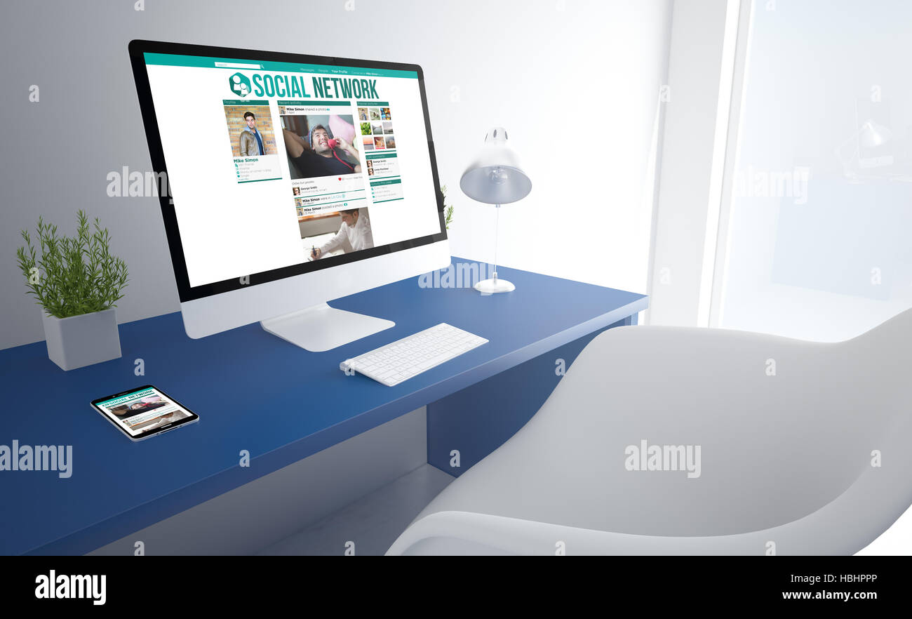 3d rendering of social network screen computer Stock Photo - Alamy