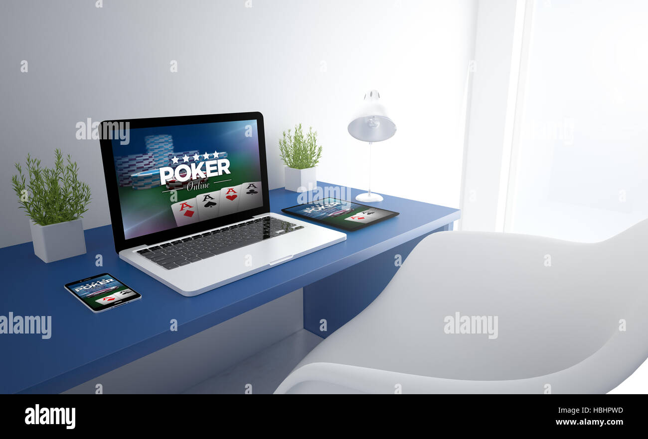blue responsive studio with poker on devices screen. 3d rendering Stock ...
