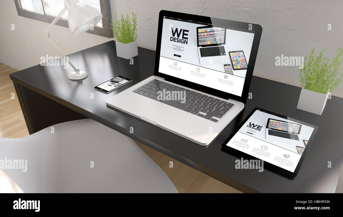 Black desktop with tablet, laptop and smartphone showing website design ...