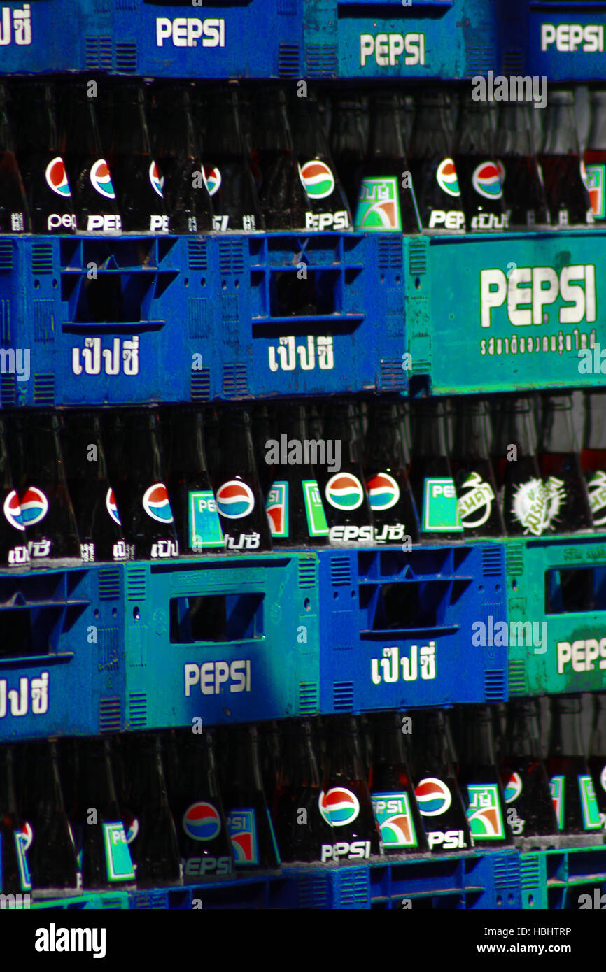 BANGKOK, THAILAND - FEBRUARY 17: Crates of Thai Pepsi wait to be sold ...