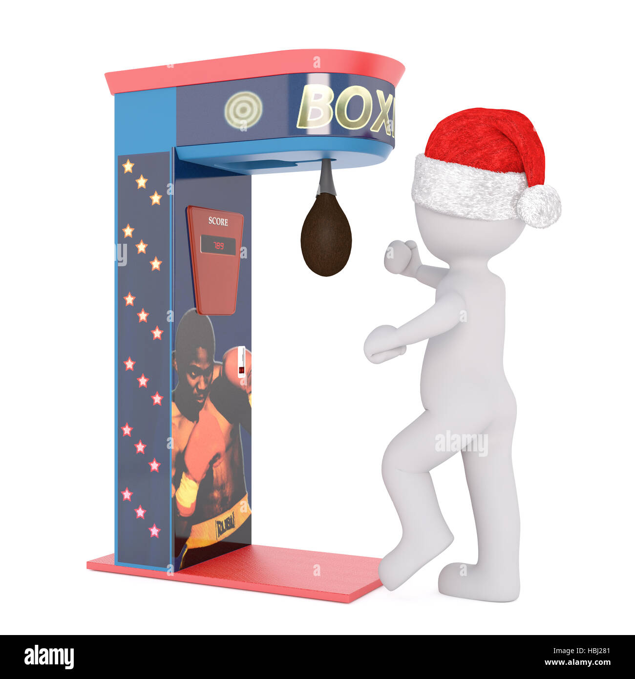 Santa hat wearing 3D figure strikes punching bag attached to machine ...