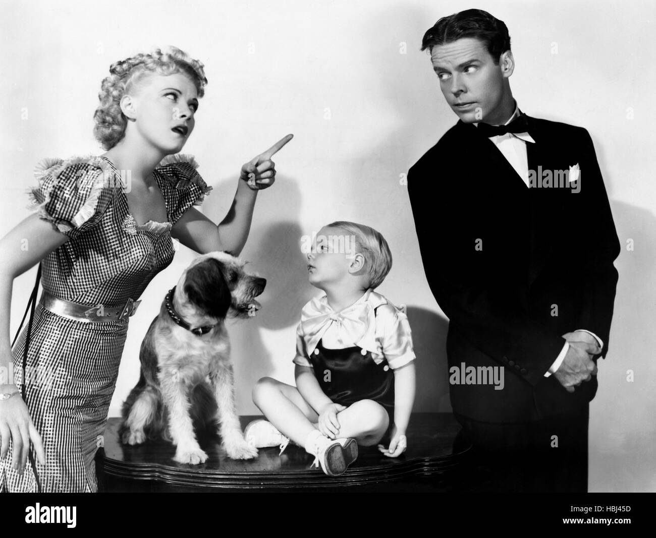 BLONDIE, from left, Penny Singleton, Daisy the dog, Larry Simms, Arthur Lake, 1938 Stock Photo ...
