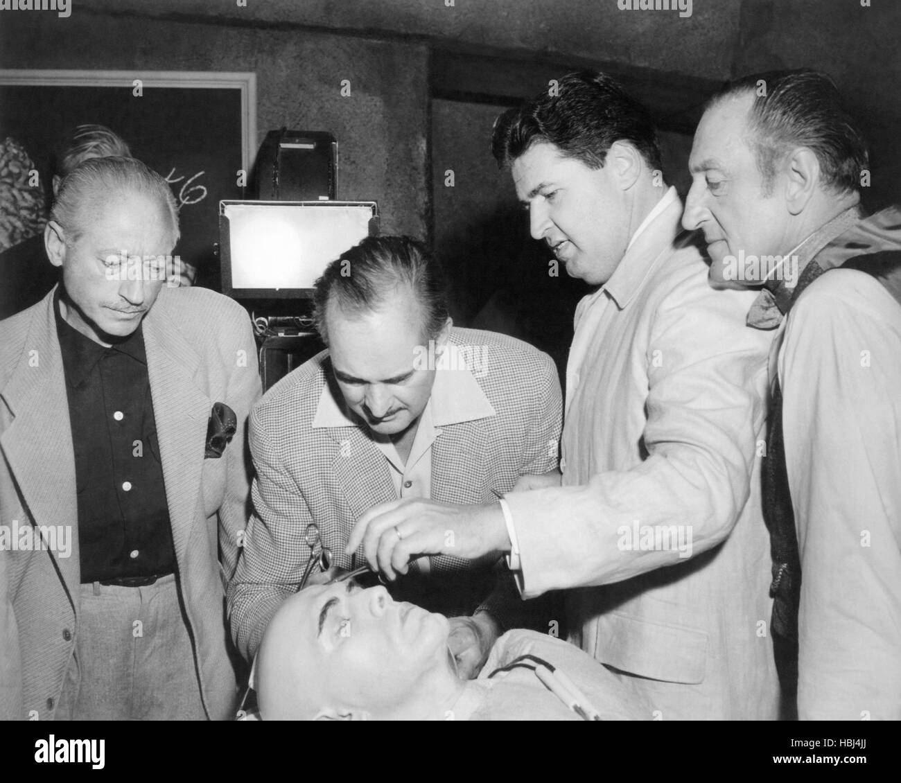 THE BLACK SLEEP, from left: director Reginald Le Borg, makeup artist ...