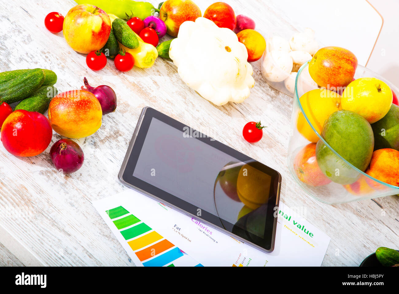 Healthy nutrition and tablet Stock Photo - Alamy