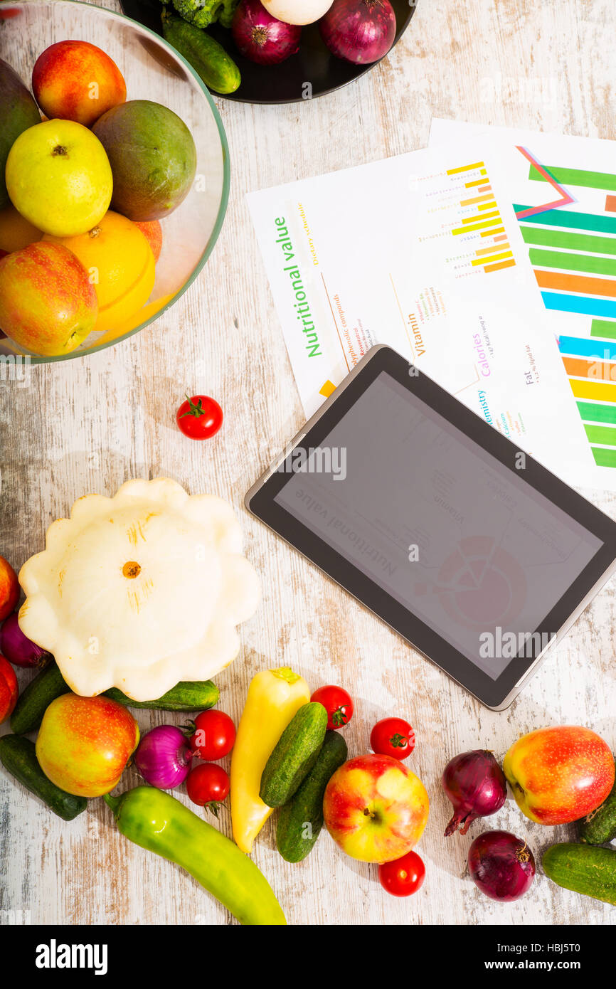 Healthy nutrition and tablet Stock Photo - Alamy