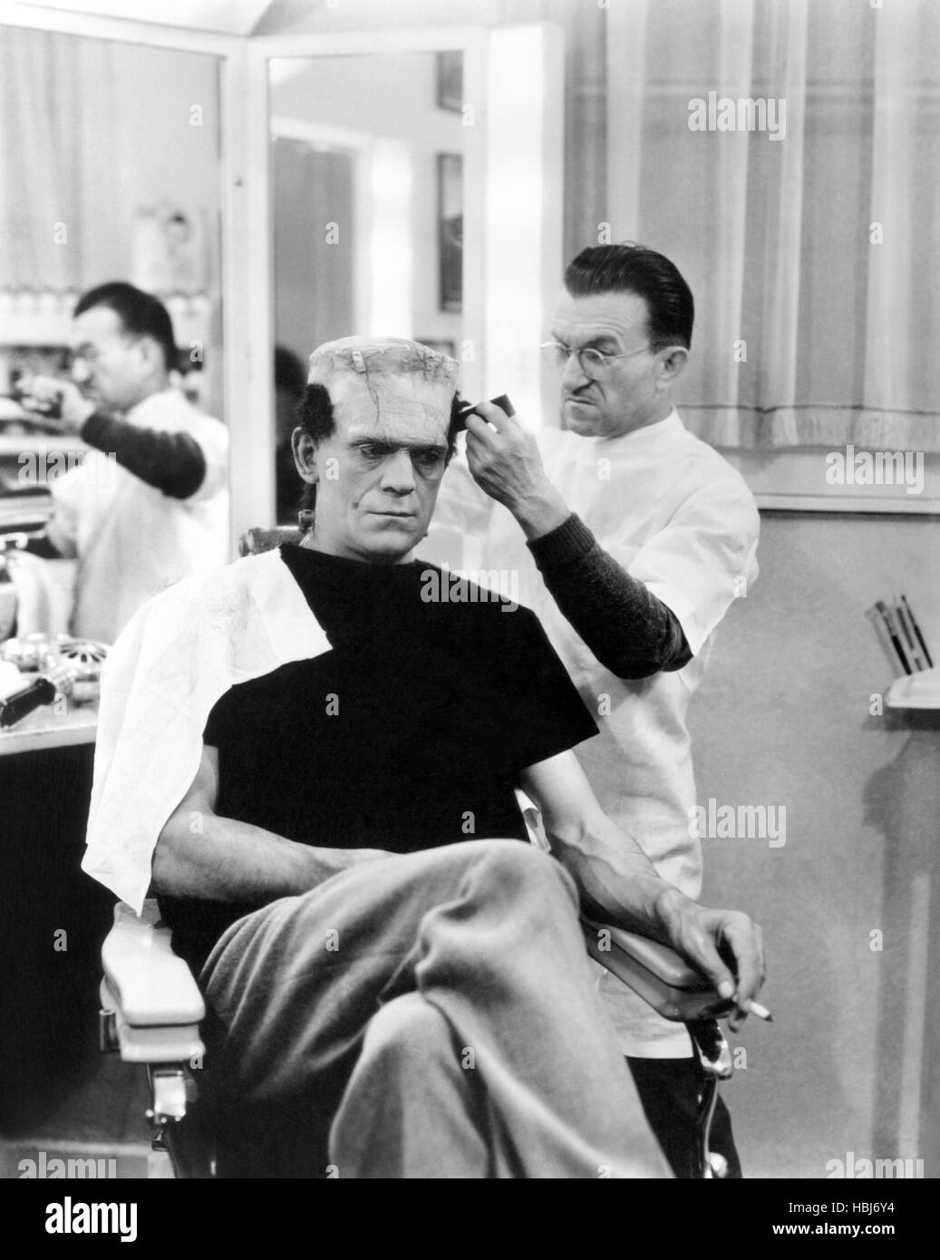BRIDE OF FRANKENSTEIN, (from left): Boris Karloff, makeup artist Jack P ...
