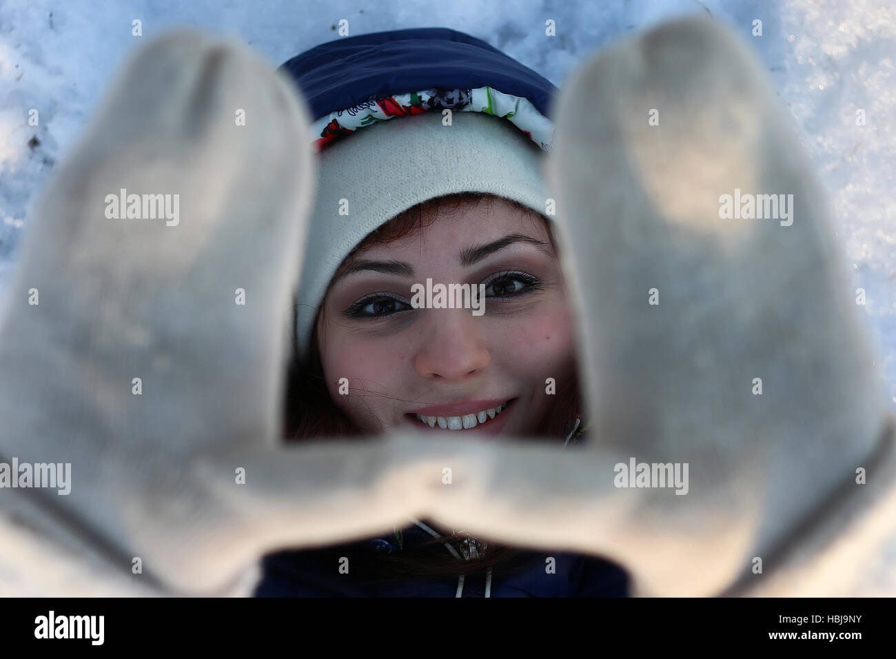 girl portrait winter hand hide Stock Photo - Alamy
