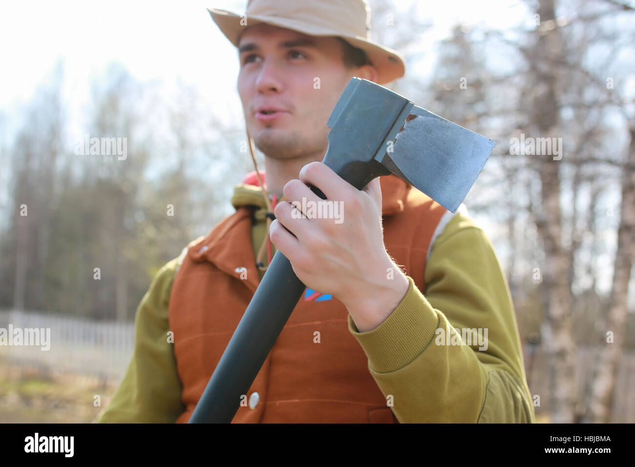 man outdoor with axe Stock Photo - Alamy