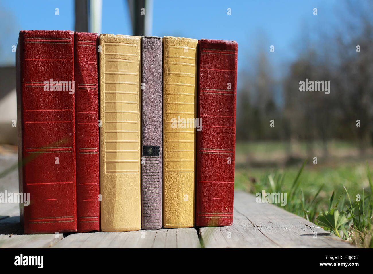 books standing on a table Stock Photo - Alamy
