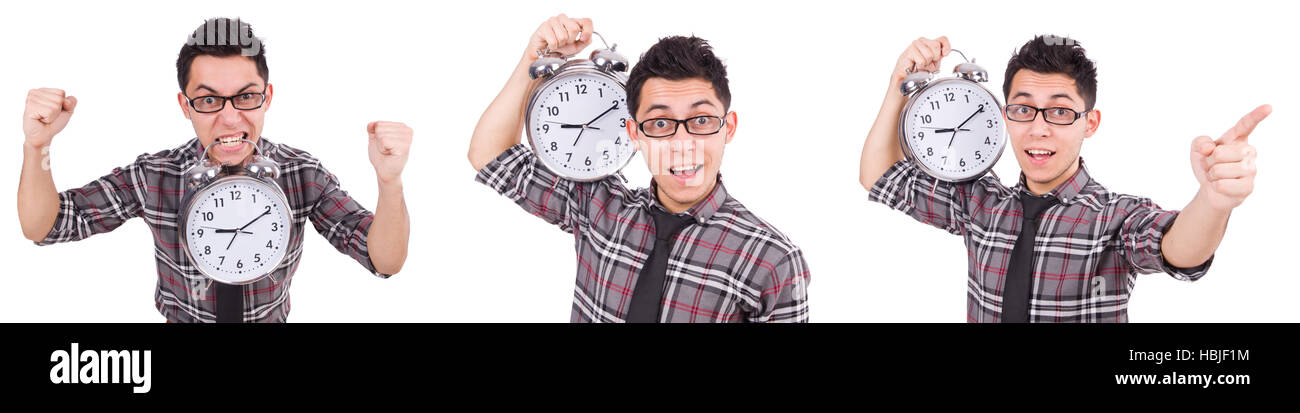 Young man with clock isolated on white Stock Photo - Alamy