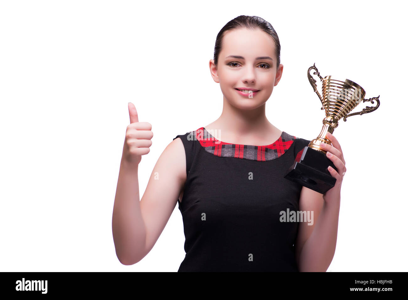 Woman with cup award isolated on white Stock Photo - Alamy