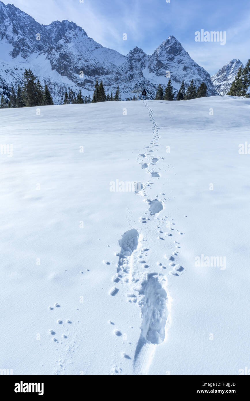Alpine path of footsteps in the snow Stock Photo - Alamy