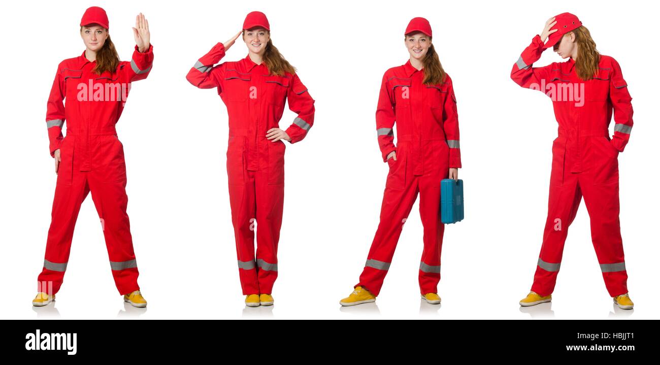 Woman in red overalls isolated on white Stock Photo - Alamy