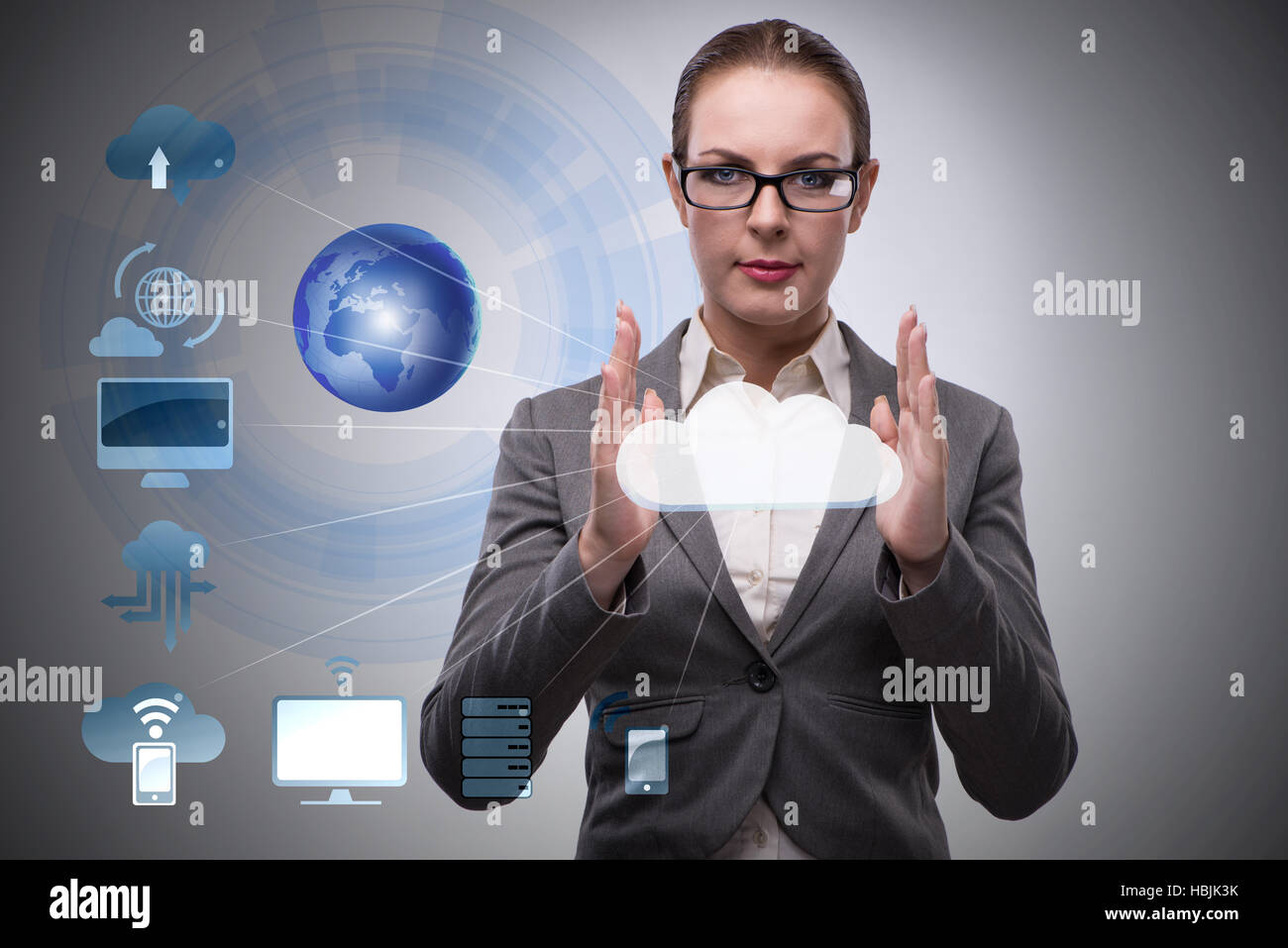 Woman in cloud computing concept Stock Photo - Alamy
