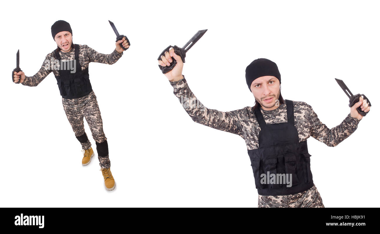 Soldier with knife isolated on white Stock Photo - Alamy