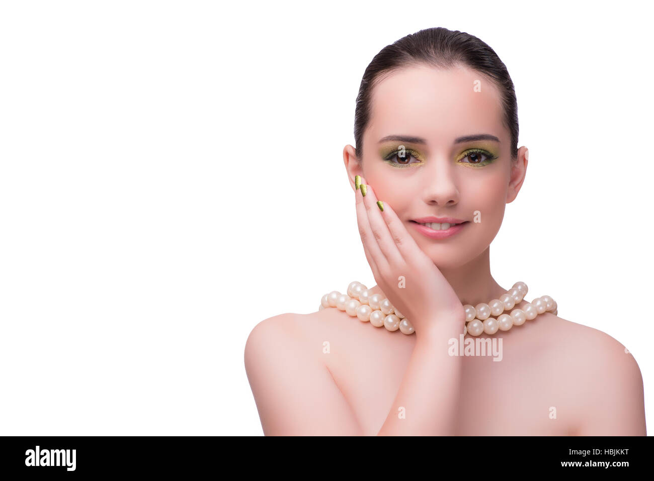 Woman with pearl necklace isolated on white Stock Photo - Alamy