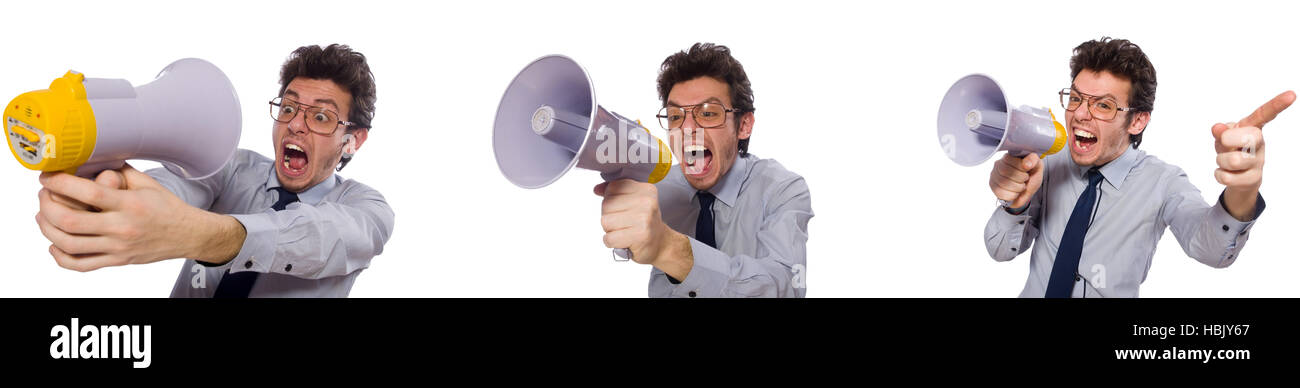 Man with loudspeaker isolated on white Stock Photo - Alamy
