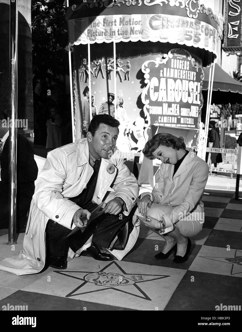 Cameron Mitchell, Barbara Ruick promoting CAROUSEL at the Hollywood Walk of Fame, 1956 Stock ...