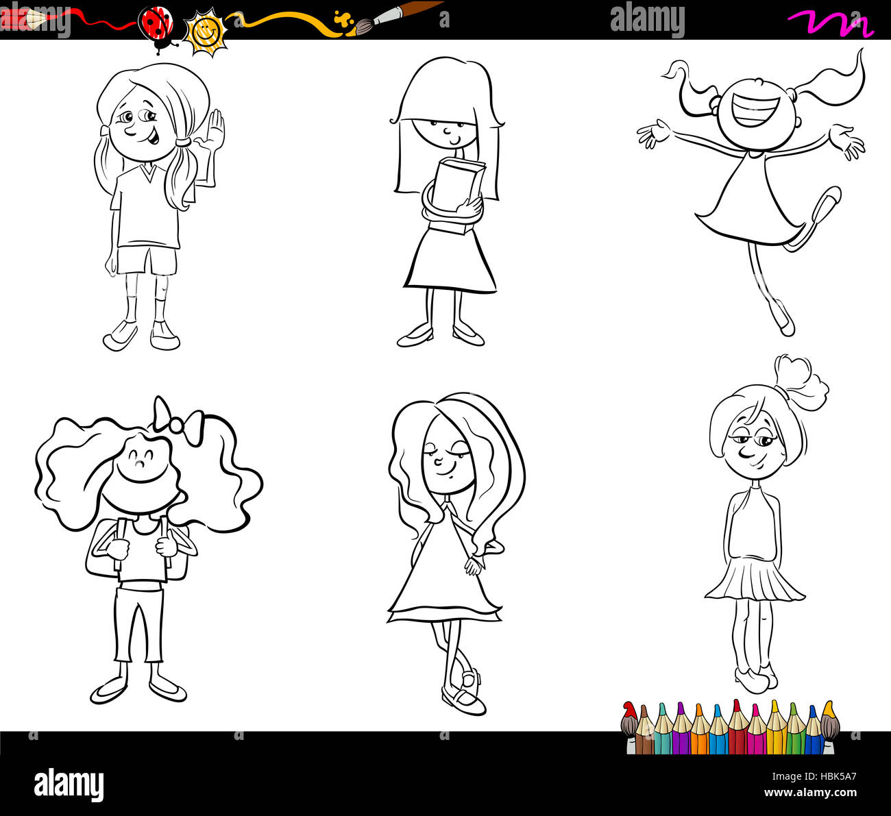 kid girls set coloring book Stock Photo - Alamy