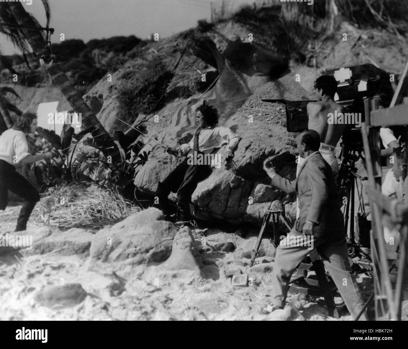 CAPTAIN BLOOD, Errol Flynn and Basil Rathbone on set filming swordfight ...