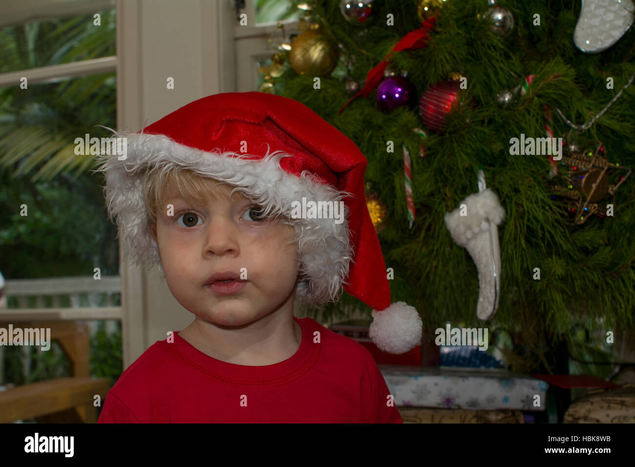 Cute boy under the christmas tree Stock Photo - Alamy