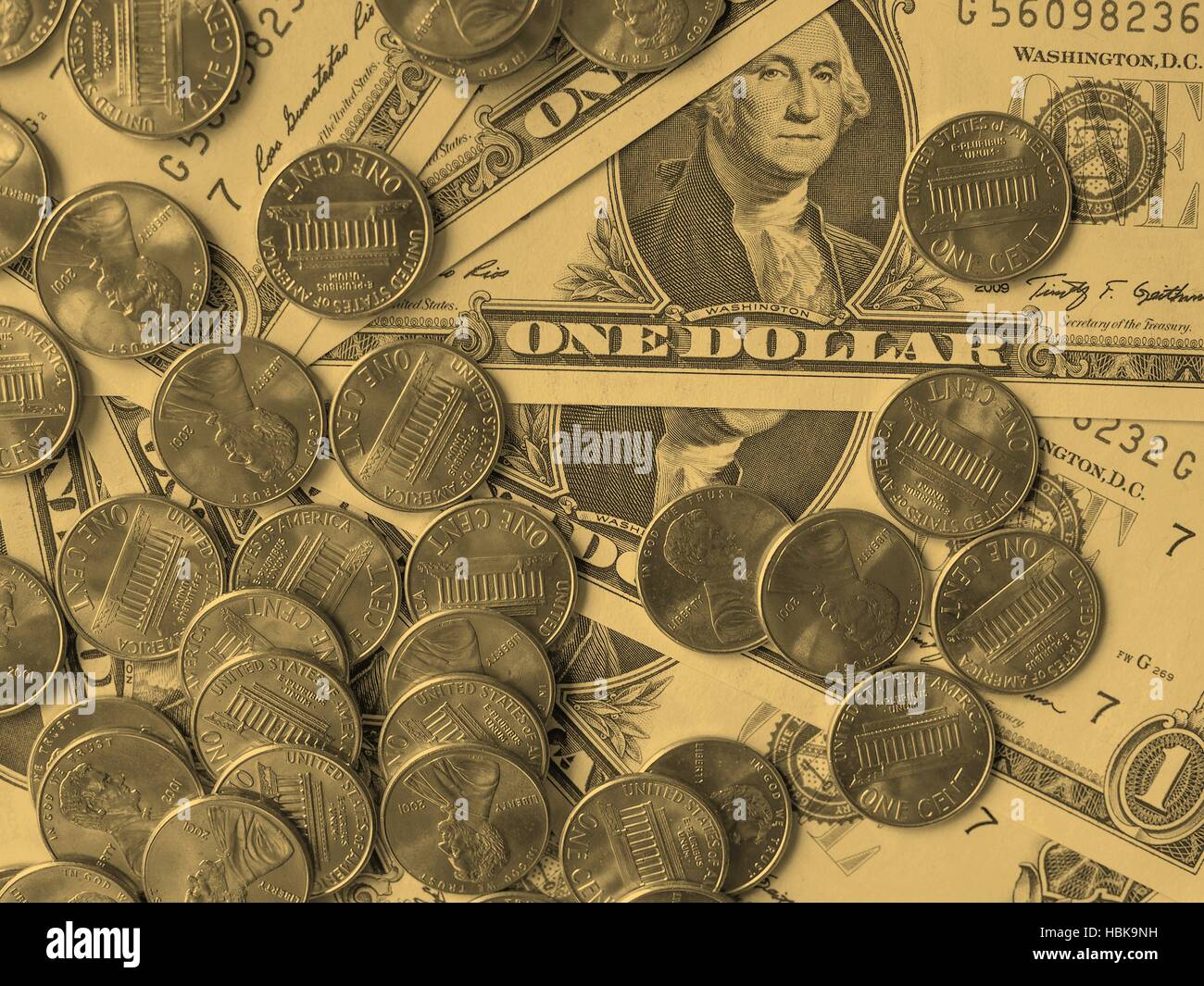 Dollar coins and notes - vintage Stock Photo - Alamy