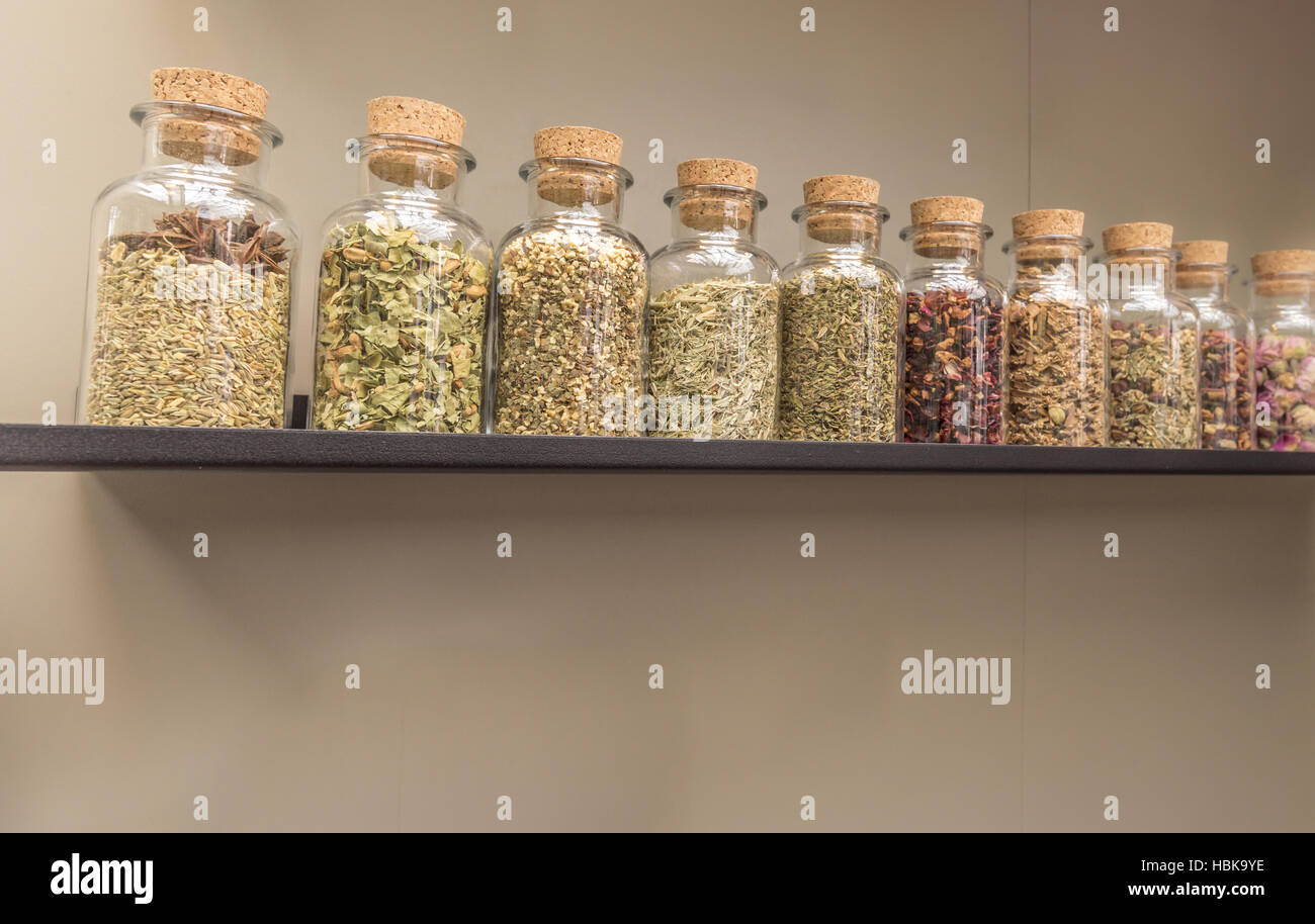 Tea ingredients on a shelf Stock Photo - Alamy