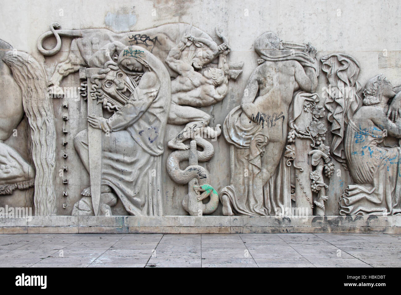 Bas-relief on a wall in the courtyard of the palais de Tokyo in Paris ...