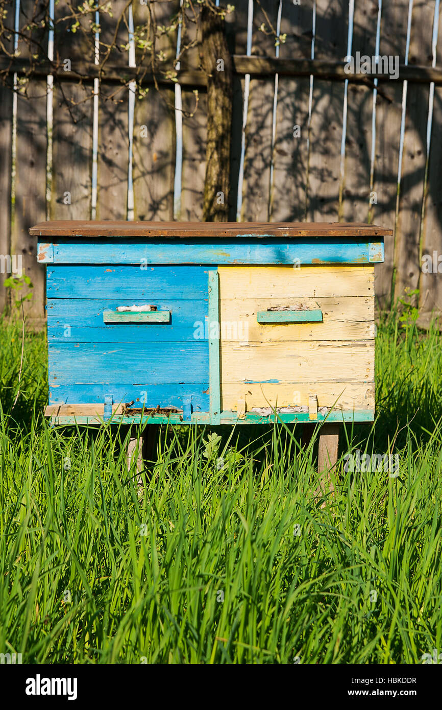 Several beehives in front of fence in the fruit garden in Ukraine ...