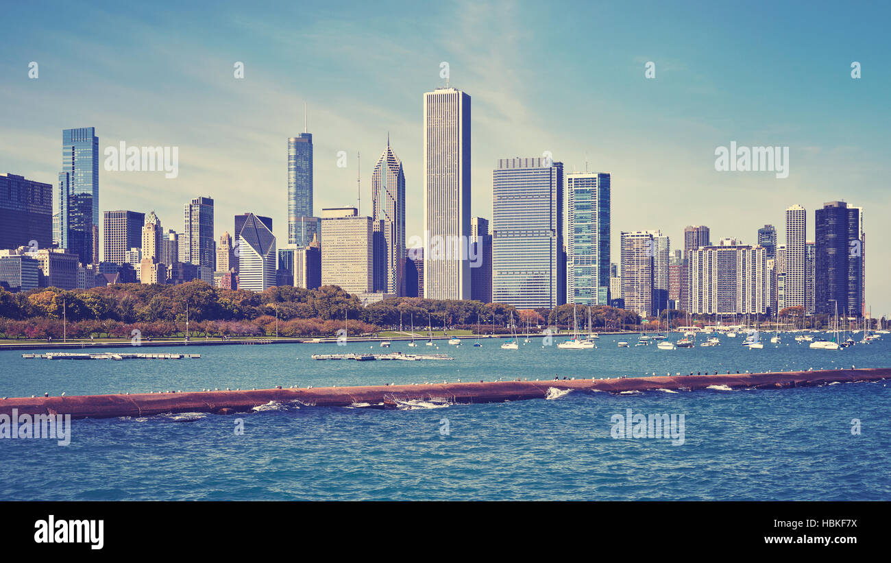 Vintage toned Chicago waterfront and city skyline on a sunny day, USA ...
