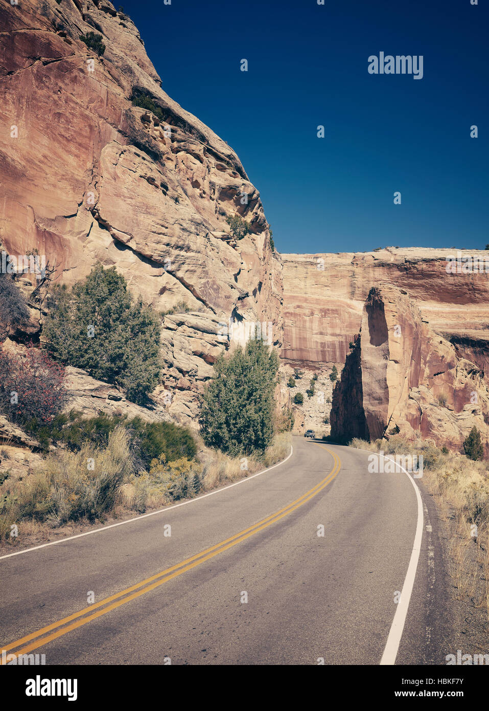 Retro stylized scenic road, travel concept background, Colorado ...