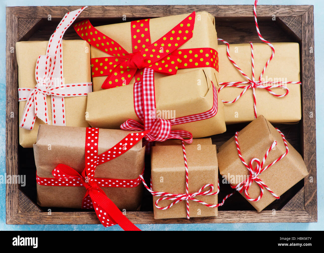 boxes for present with color ribbons, christmas gifts Stock Photo - Alamy